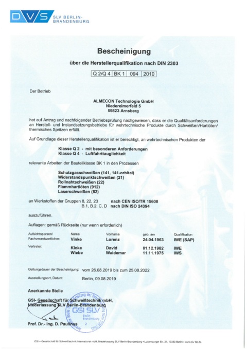 Zertifikate - ALMECON Technologie GmbH